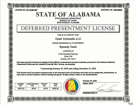 Rates & Terms for Alabama Loans – Speedy Cash